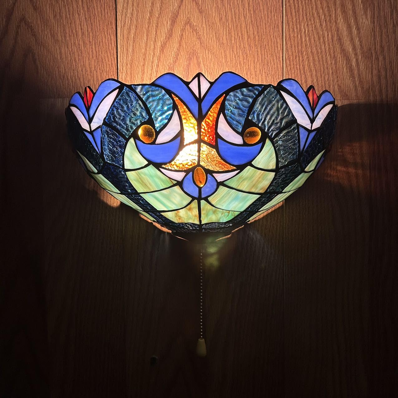 enjoy decor lamps Tiffany Sconces Half Moon Blue Green Stained Glass Pull Chain Switch LED Bulb Included for Bedroom Dining Room Living Room 7" H12 W