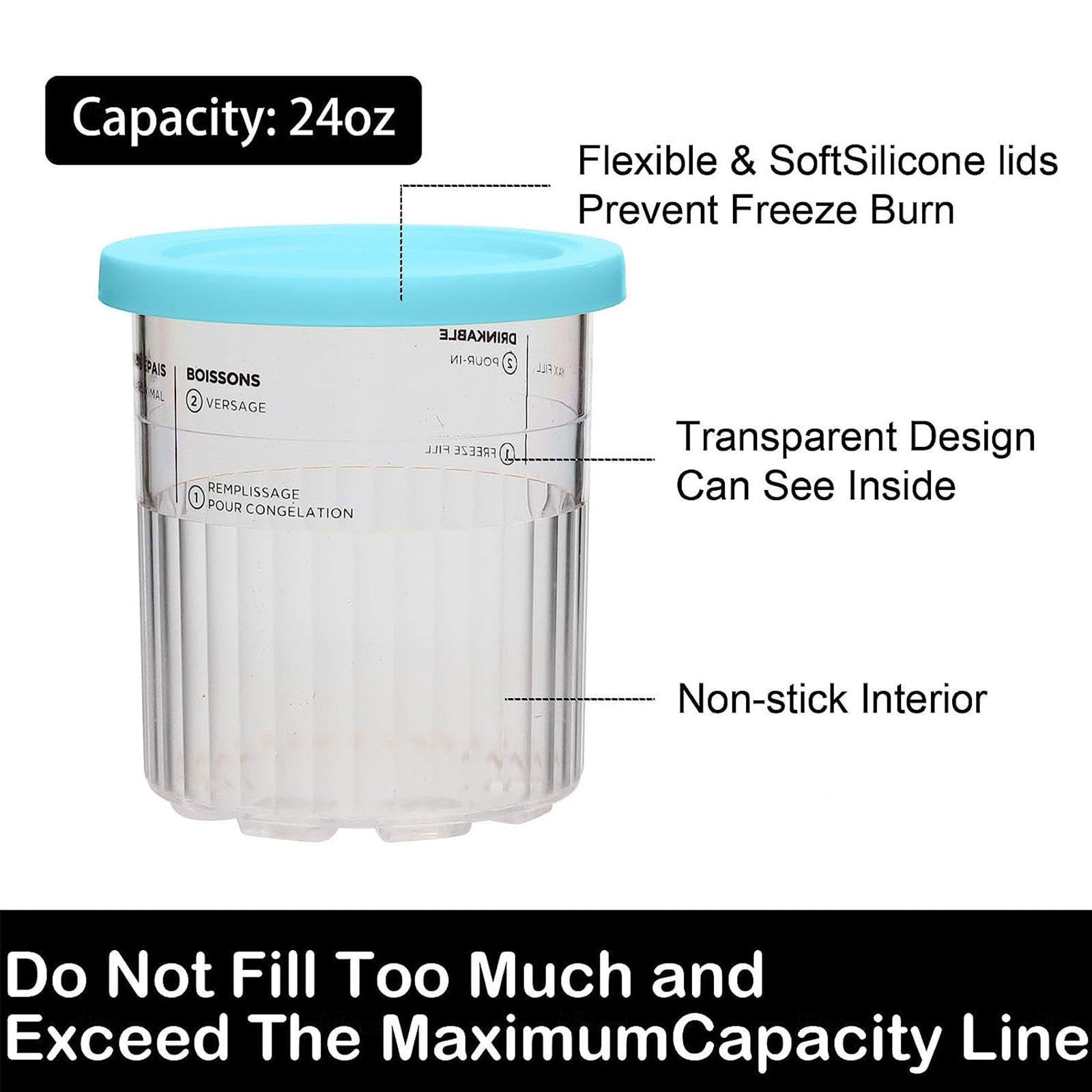 RAYPUR Creami Pints and Lids, for Ninja Cremini Extra Pints,24 OZ Ice Cream Containers Reusable,Leaf-Proof for NC500 NC501 Series Ice Cream Maker