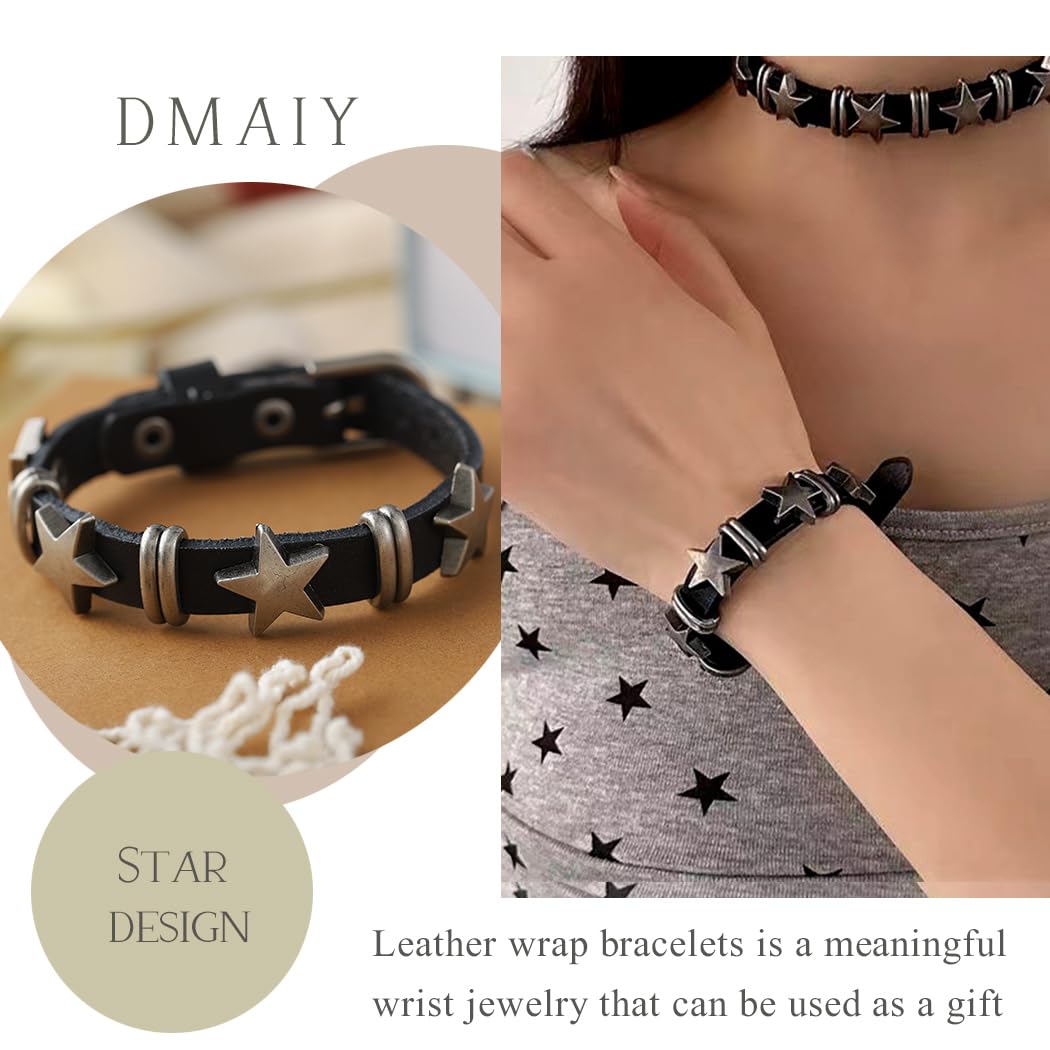 Dmaiy Punk Leather Bracelets Star Studded Bracelet Gothic Rock Bracelets Black Adjustable Cuff Wristband for Women and Men (Black star)