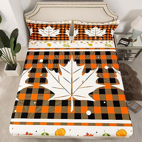 Feelyou Thanksgiving Decor Bed Sheet Set Twin Size with 1 Pillow Case Thanksgiving Day Bed Sheets Fall Pumpkin Decor Bedding Set Maple Leaf Flat Sheet for Kids Adults