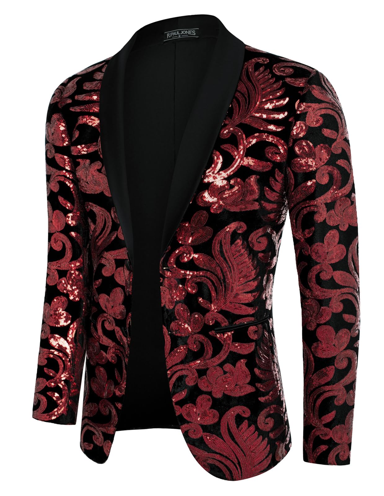 PJ PAUL JONES Men's Suit Jackets Velvet Sequins Tuxedo Jacket Shawl Lapel Slim Fit Casual Blazer for Men Dinner Wine Red 2XL