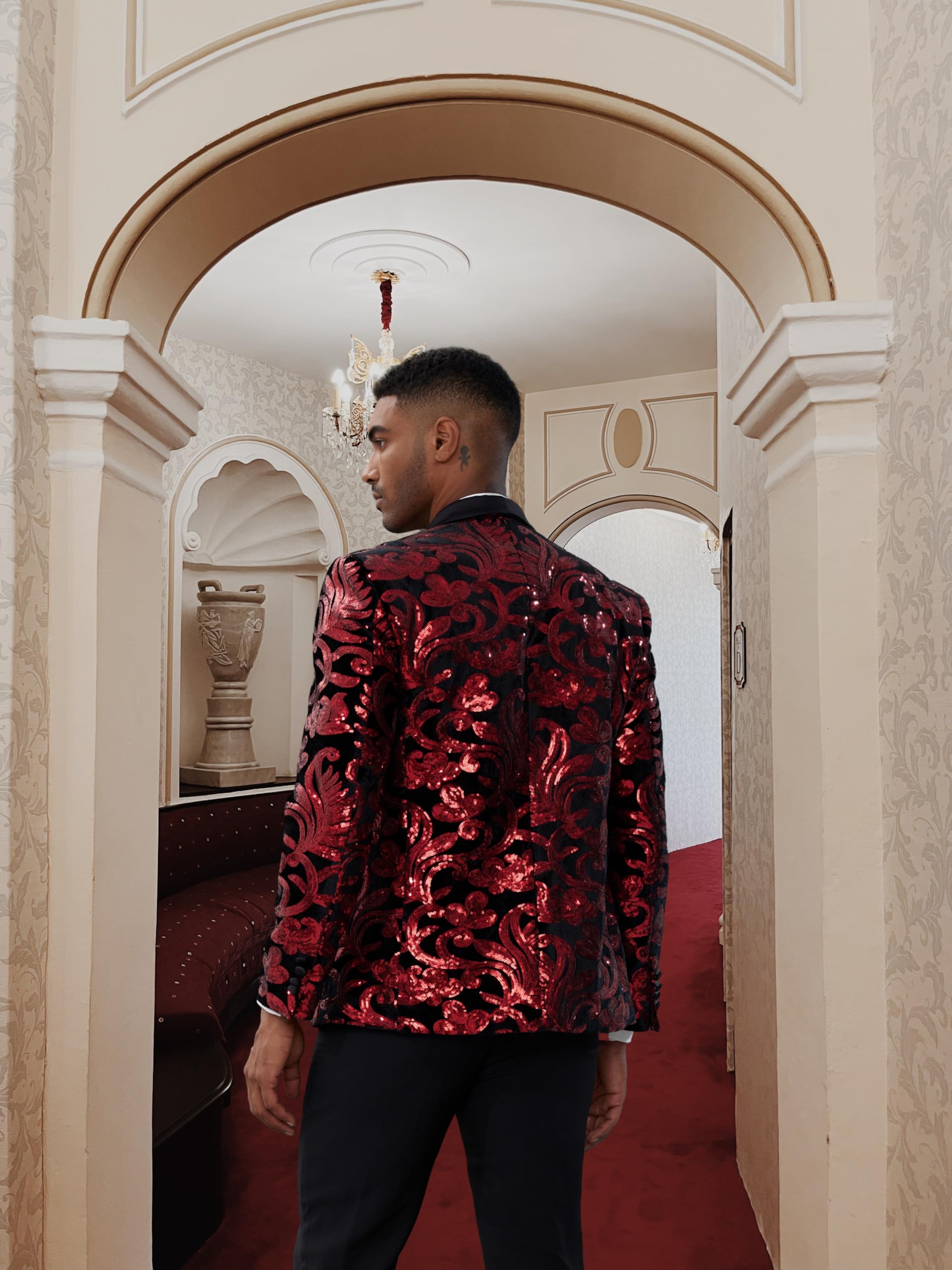 PJ PAUL JONES Men's Suit Jackets Velvet Sequins Tuxedo Jacket Shawl Lapel Slim Fit Casual Blazer for Men Dinner Wine Red 2XL