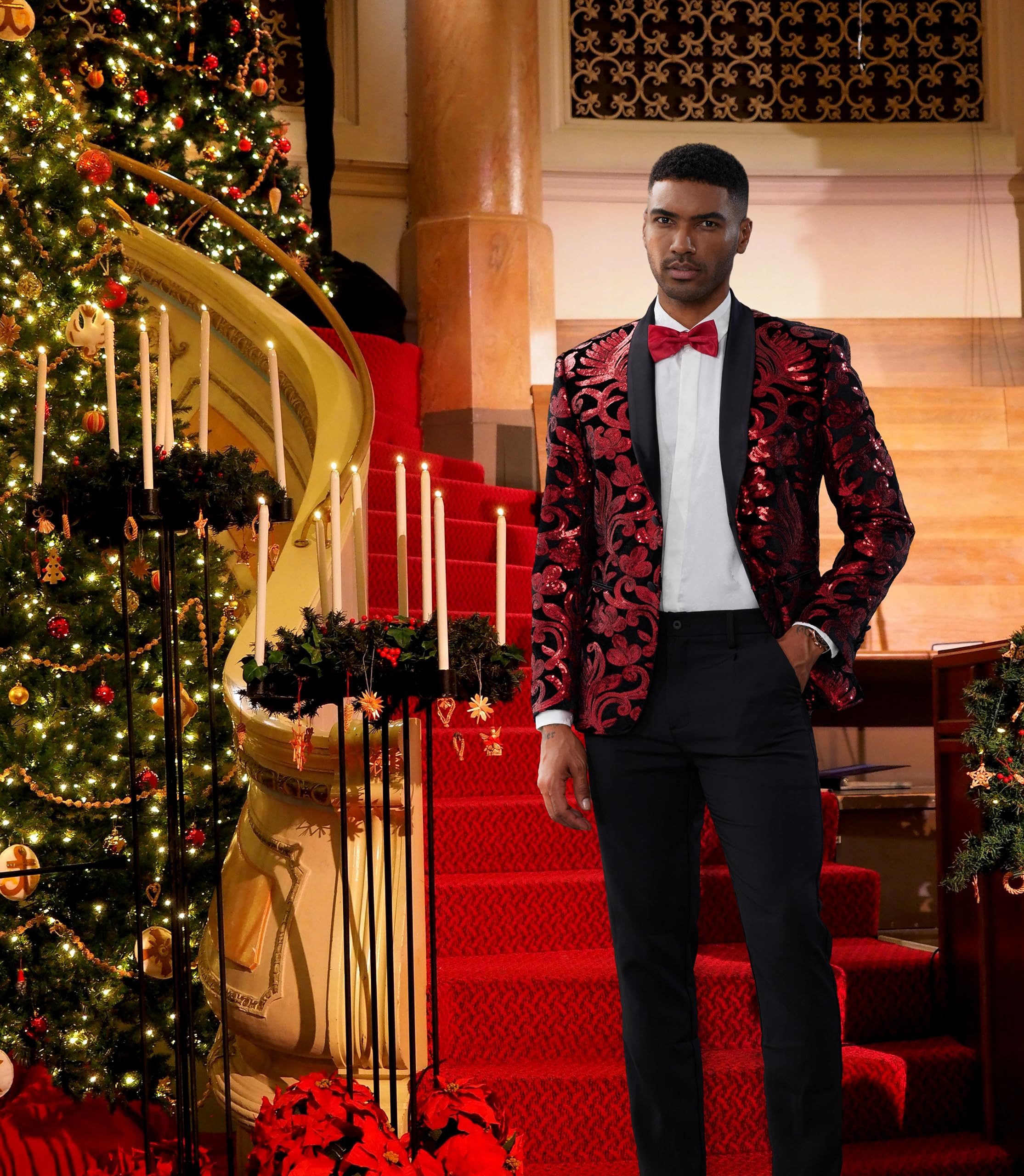 PJ PAUL JONES Men's Suit Jackets Velvet Sequins Tuxedo Jacket Shawl Lapel Slim Fit Casual Blazer for Men Dinner Wine Red 2XL