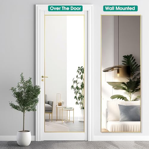 Otlsh 14"×48" Door Mirror,Full Length Mirror, Over The Door, Wall Mirror, Thin Frame, Aluminum Alloy, for Bedroom, Living Room, Entryway -Gold