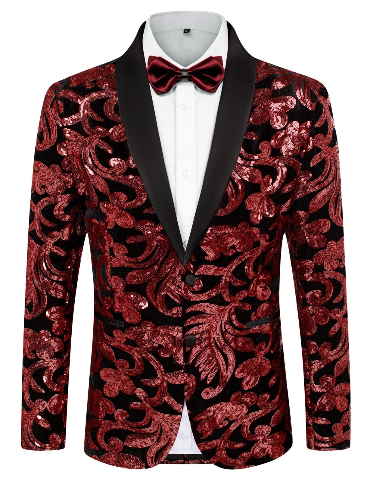 PJ PAUL JONES Men's Suit Jackets Velvet Sequins Tuxedo Jacket Shawl Lapel Slim Fit Casual Blazer for Men Dinner Wine Red 2XL