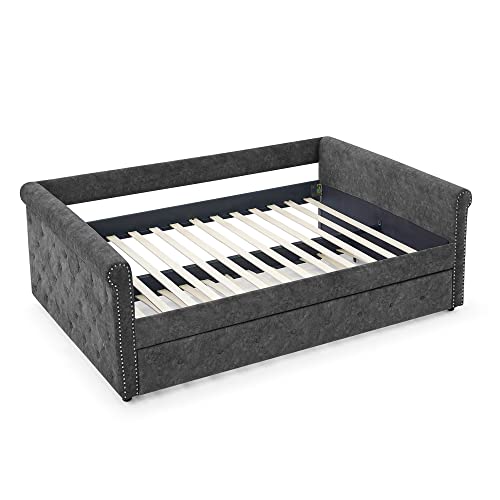 GLORHOME Full Daybed with Trundle Upholstered Tufted Sofa Bed with Button and Copper Nail on Arms,Gray