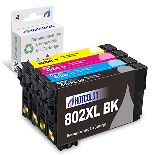 HOTCOLOR 802XL T802XL Ink Cartridge Replacement for Epson 802 Ink cartridges T802XL for Workforce Pro WF-4720 WF-4730 WF-4734 WF-4740 EC-4020 EC-4030 EC-4040 (Black/Cyan/Magenta/Yellow, 4PK)