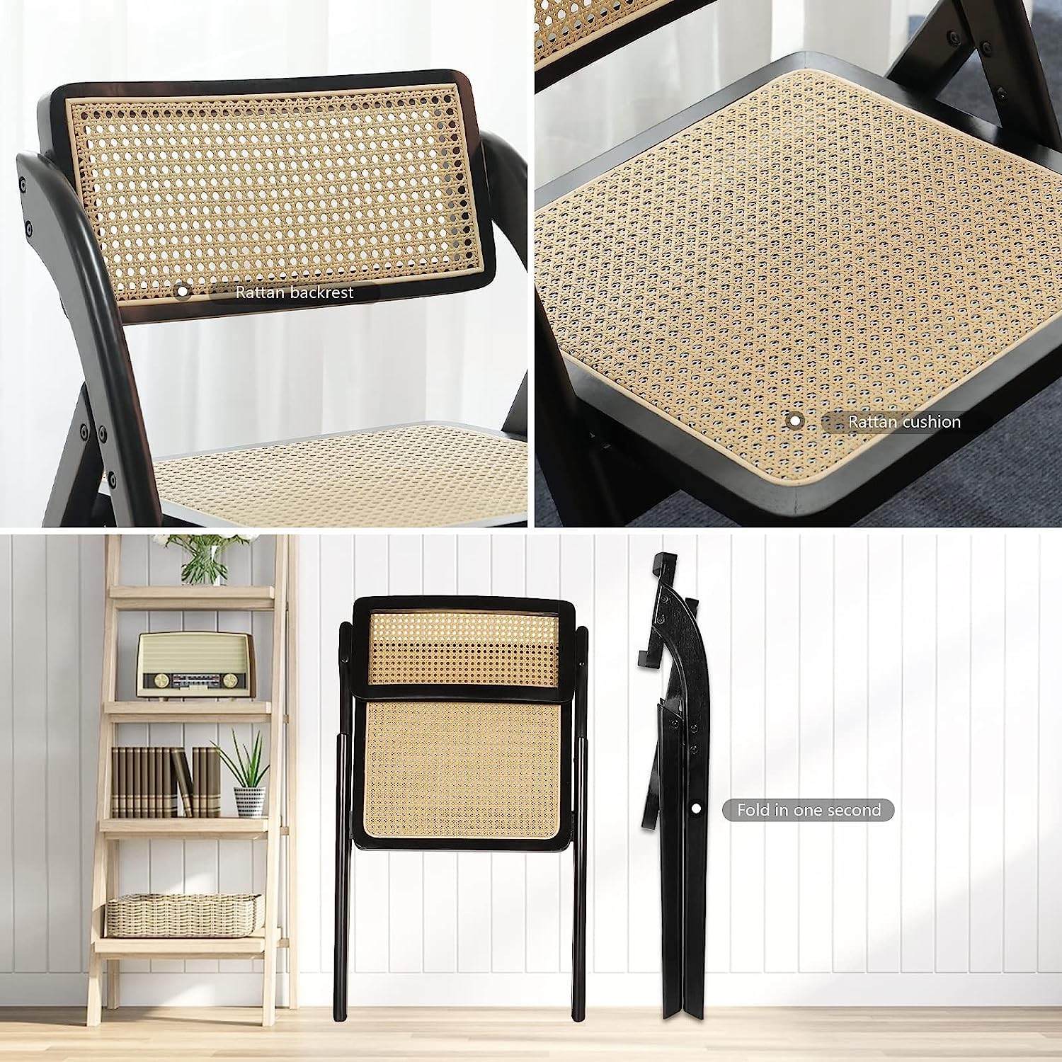 Folding Dining Chairs Set of 2, Foldable Wood Kitchen Chairs 100% Real Rattan Woven Seat and Back,Handmade for Living Room Bedroom, Garden Balcony, Easy Installation (Black)
