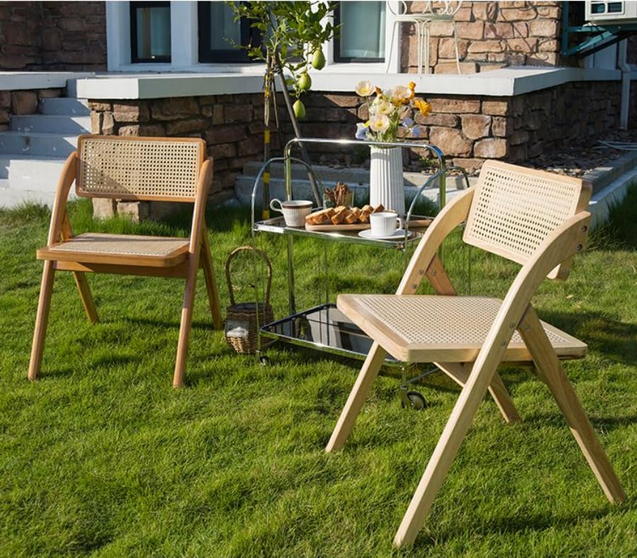 Folding Dining Chairs Set of 2, Foldable Wood Kitchen Chairs 100% Real Rattan Woven Seat and Back,Handmade for Living Room Bedroom, Garden Balcony, Easy Installation (Black)