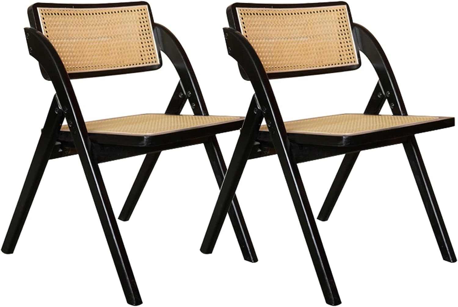 Folding Dining Chairs Set of 2, Foldable Wood Kitchen Chairs 100% Real Rattan Woven Seat and Back,Handmade for Living Room Bedroom, Garden Balcony, Easy Installation (Black)