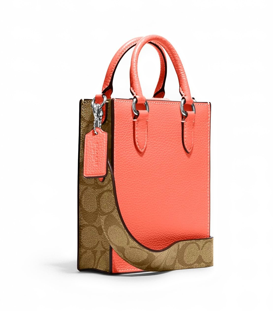 Coach Womens North South Mini Tote Crossbody Bag With Signature Canvas In Leather (Silver/Khaki/Tangerine)