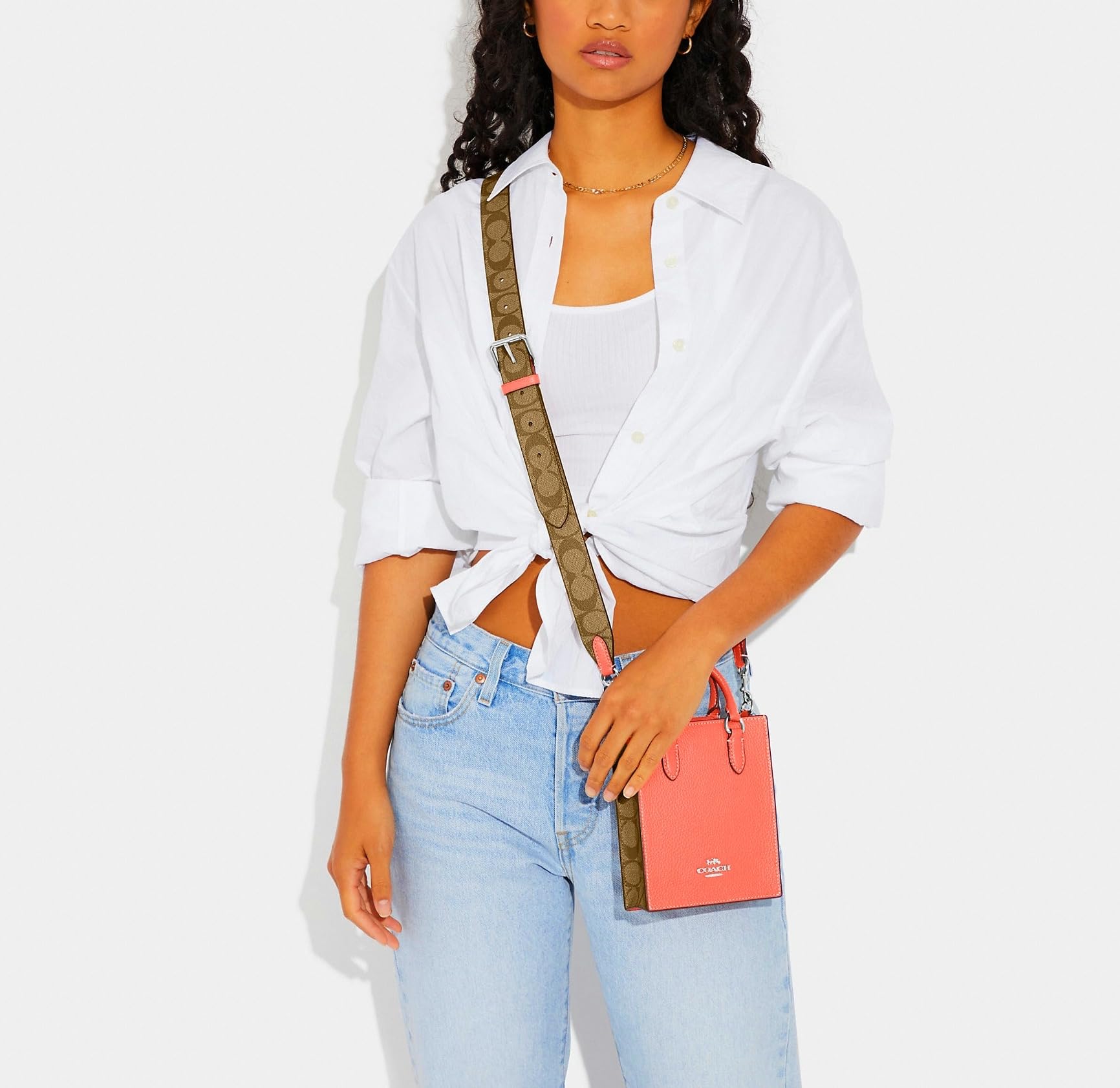 Coach Womens North South Mini Tote Crossbody Bag With Signature Canvas In Leather (Silver/Khaki/Tangerine)