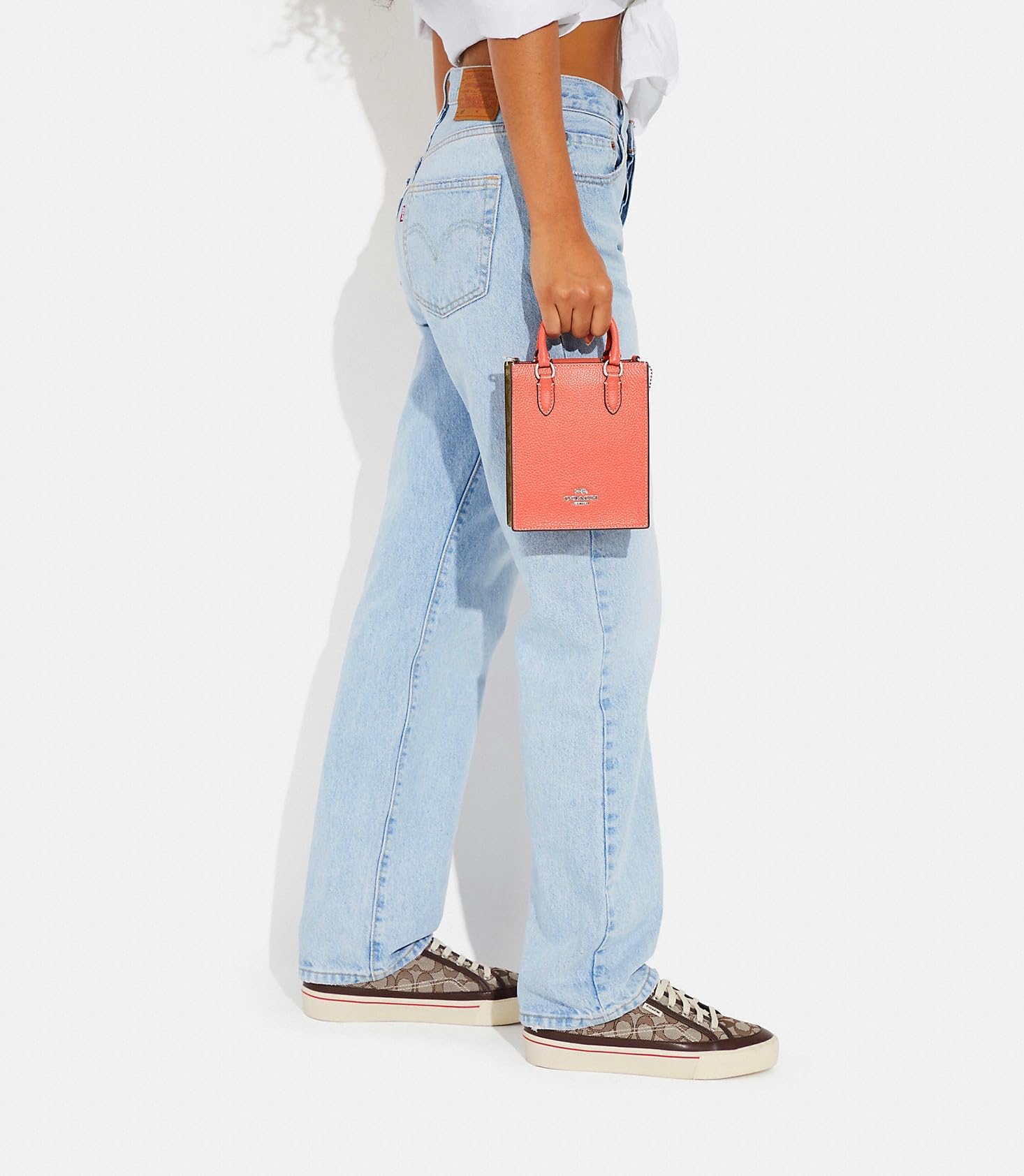 Coach Womens North South Mini Tote Crossbody Bag With Signature Canvas In Leather (Silver/Khaki/Tangerine)