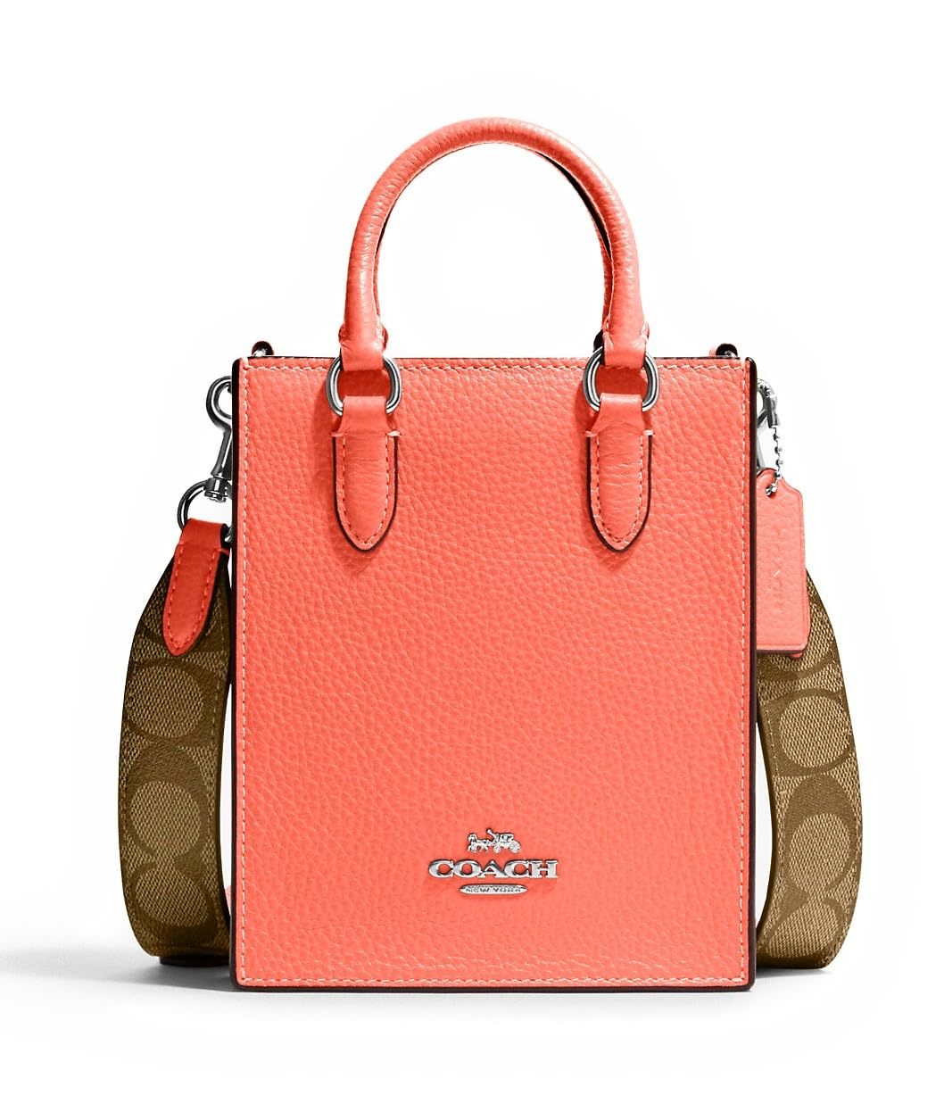 Coach Womens North South Mini Tote Crossbody Bag With Signature Canvas In Leather (Silver/Khaki/Tangerine)