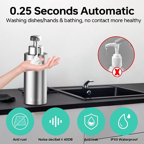 Automatic Soap Dispenser Stainless Steel - Rechargeable Touchless Hand Foam Soap Dispenser, 450mL Foaming Soap Dispenser, Electric Auto Dish Soap Dispenser for Bathroom, Kitchen Sink