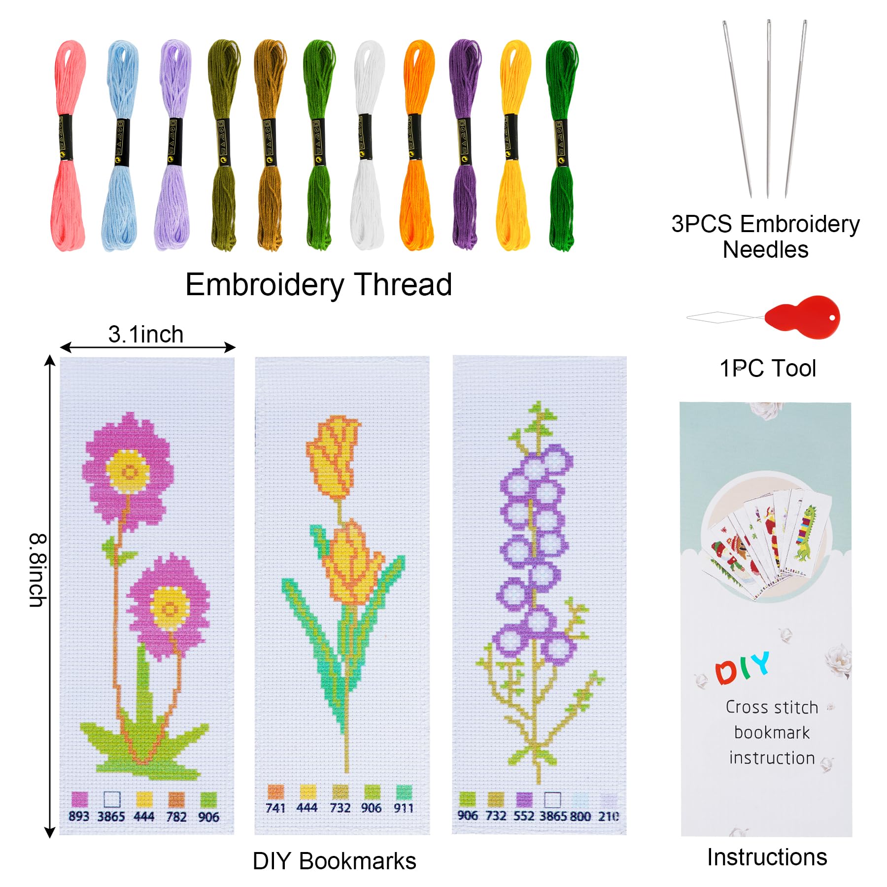 yeabwps 3Pcs Cross Stitch Bookmark Kits Embroidery DIY Bookmark Flower Patterns DIY Cross Stitch Bookmarks for Beginners Daisies Tulips Bellflower Handmade DIY Cross Stitch