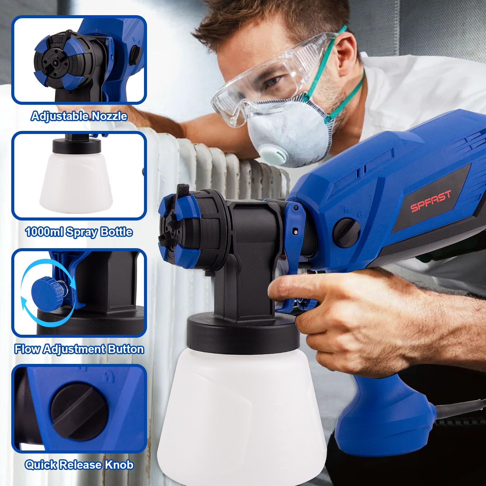 SPFAST Electric Paint Sprayer, 650W High Power HVLP Spray Paint Gun, with 5 Copper Nozzles & 3 Spray Patterns, Easy to Clean, Spray Painter for Home Interior and Exterior, Furniture, Cabinets, Fence