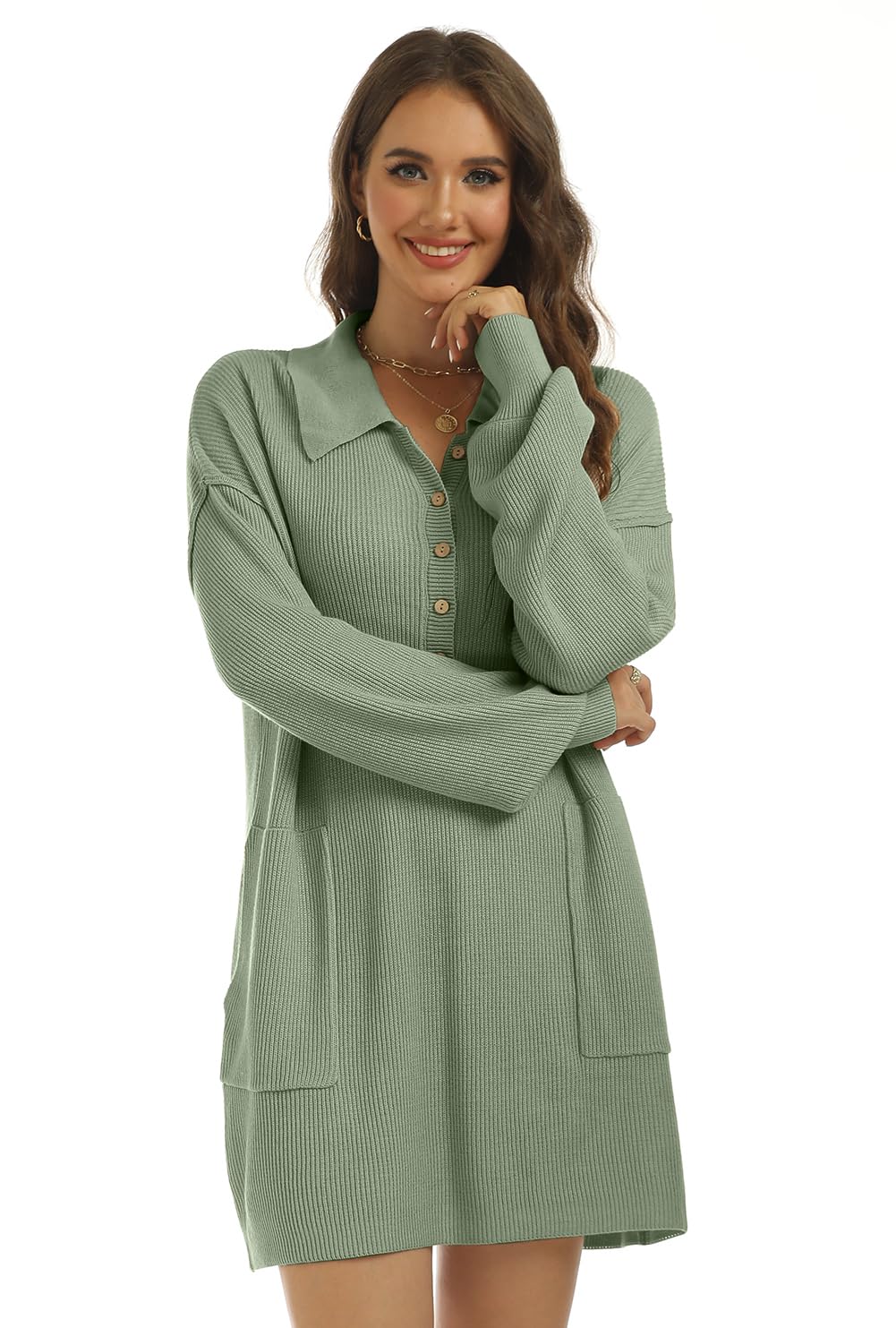 Nfsion Women's Casual Lapel Knit Sweater Button V-neck Long Sleeved Loose Fitting Dress Autumn Oversized Short Skirt Pullover Light green Small