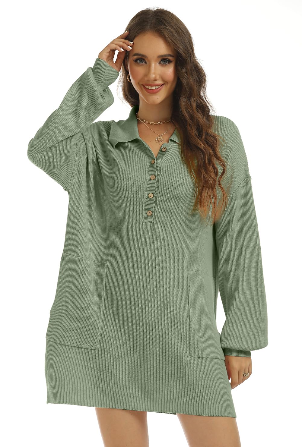 Nfsion Women's Casual Lapel Knit Sweater Button V-neck Long Sleeved Loose Fitting Dress Autumn Oversized Short Skirt Pullover Light green Small
