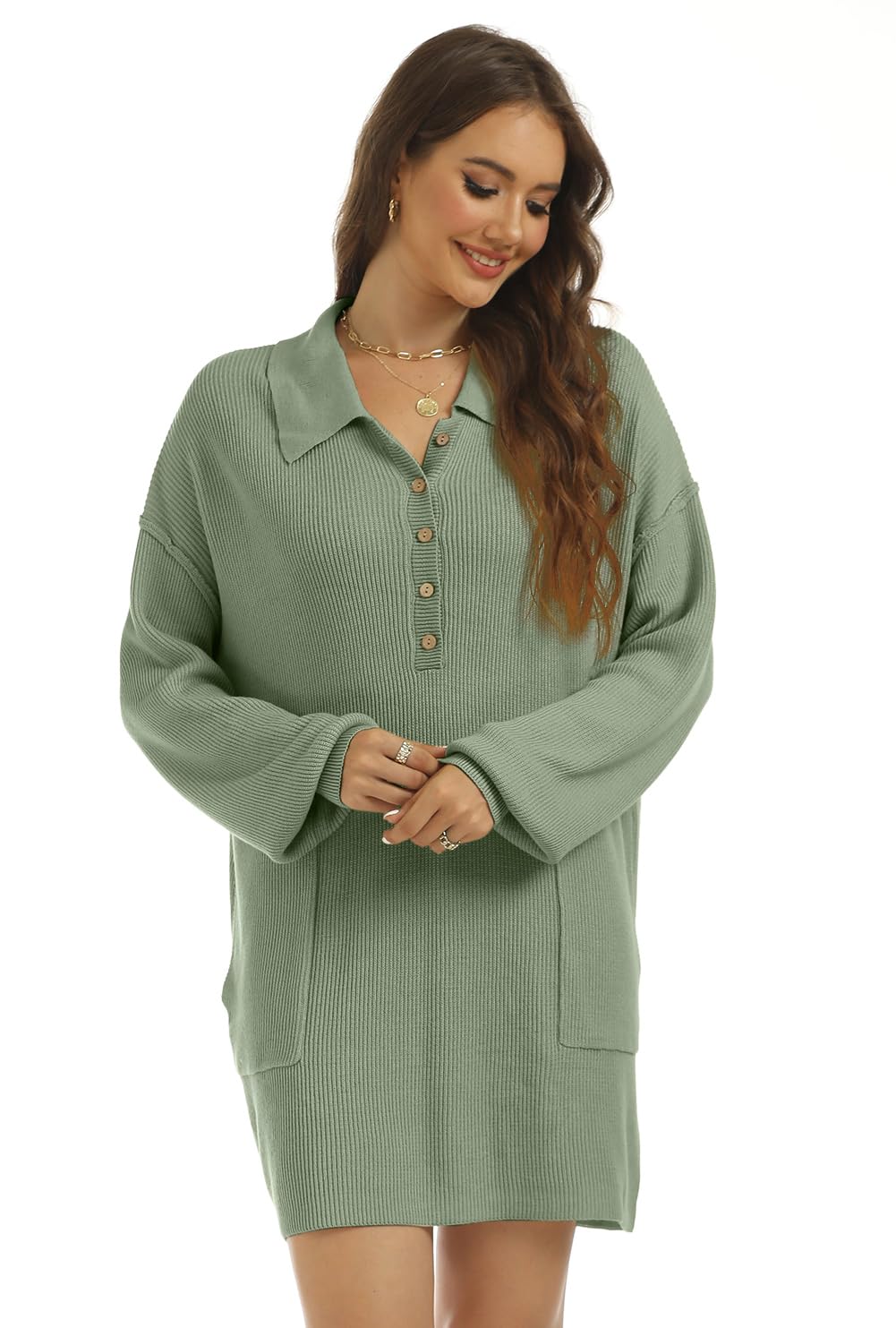 Nfsion Women's Casual Lapel Knit Sweater Button V-neck Long Sleeved Loose Fitting Dress Autumn Oversized Short Skirt Pullover Light green Small