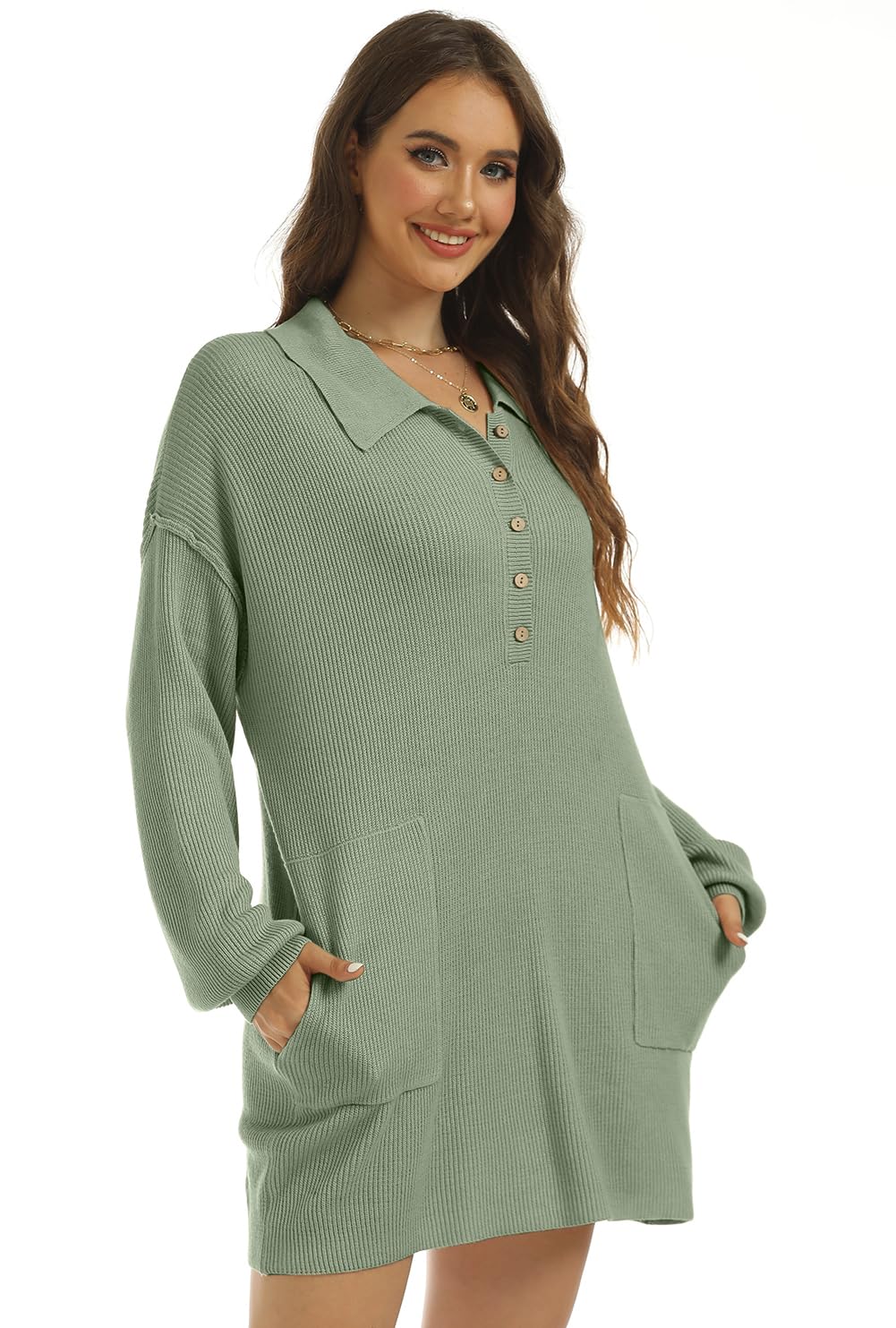 Nfsion Women's Casual Lapel Knit Sweater Button V-neck Long Sleeved Loose Fitting Dress Autumn Oversized Short Skirt Pullover Light green Small