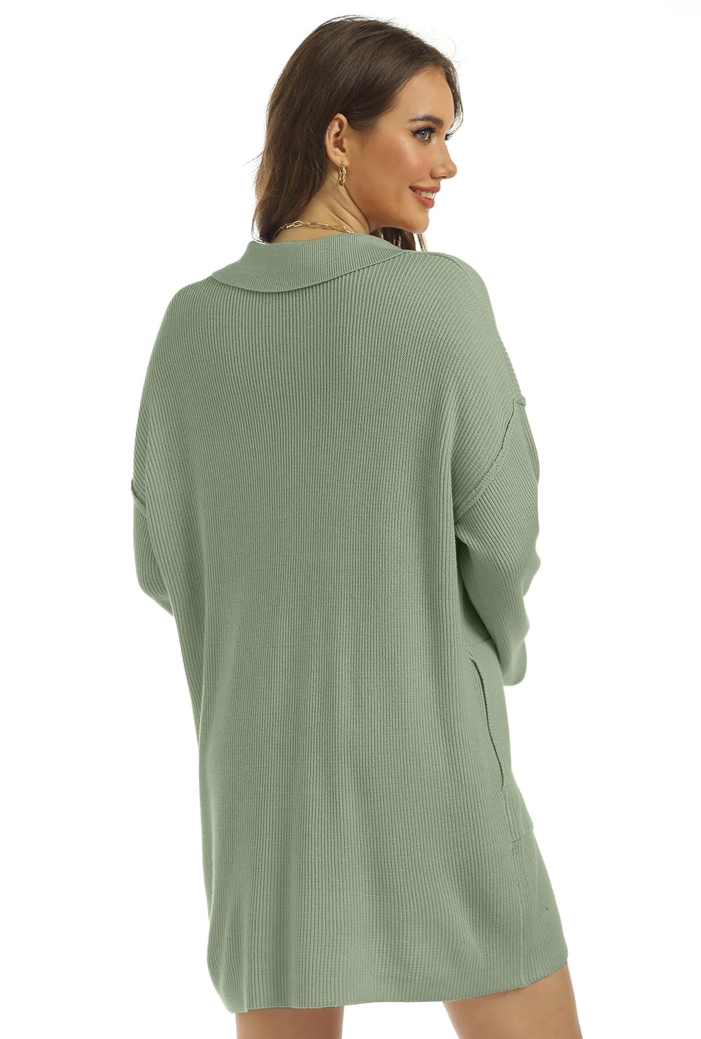 Nfsion Women's Casual Lapel Knit Sweater Button V-neck Long Sleeved Loose Fitting Dress Autumn Oversized Short Skirt Pullover Light green Small
