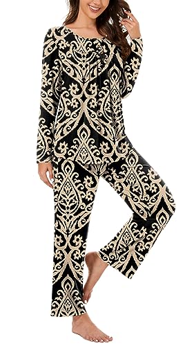 Bestbee Womens Pajama Set, 2 Piece Lounge Outfits Pleated Sleepwear Sets Long Sleeve With Pockets Ladies Pjs, L, Floral Khaki-black