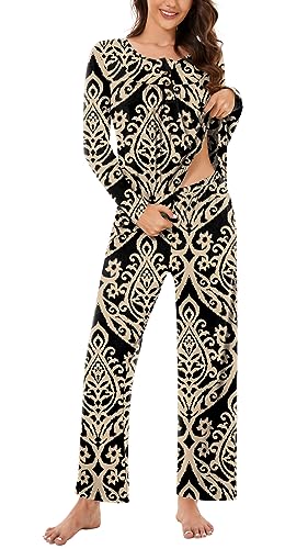 Bestbee Womens Pajama Set, 2 Piece Lounge Outfits Pleated Sleepwear Sets Long Sleeve With Pockets Ladies Pjs, L, Floral Khaki-black