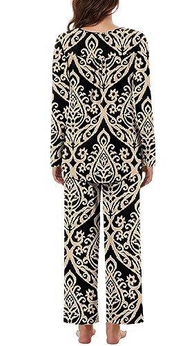 Bestbee Womens Pajama Set, 2 Piece Lounge Outfits Pleated Sleepwear Sets Long Sleeve With Pockets Ladies Pjs, L, Floral Khaki-black