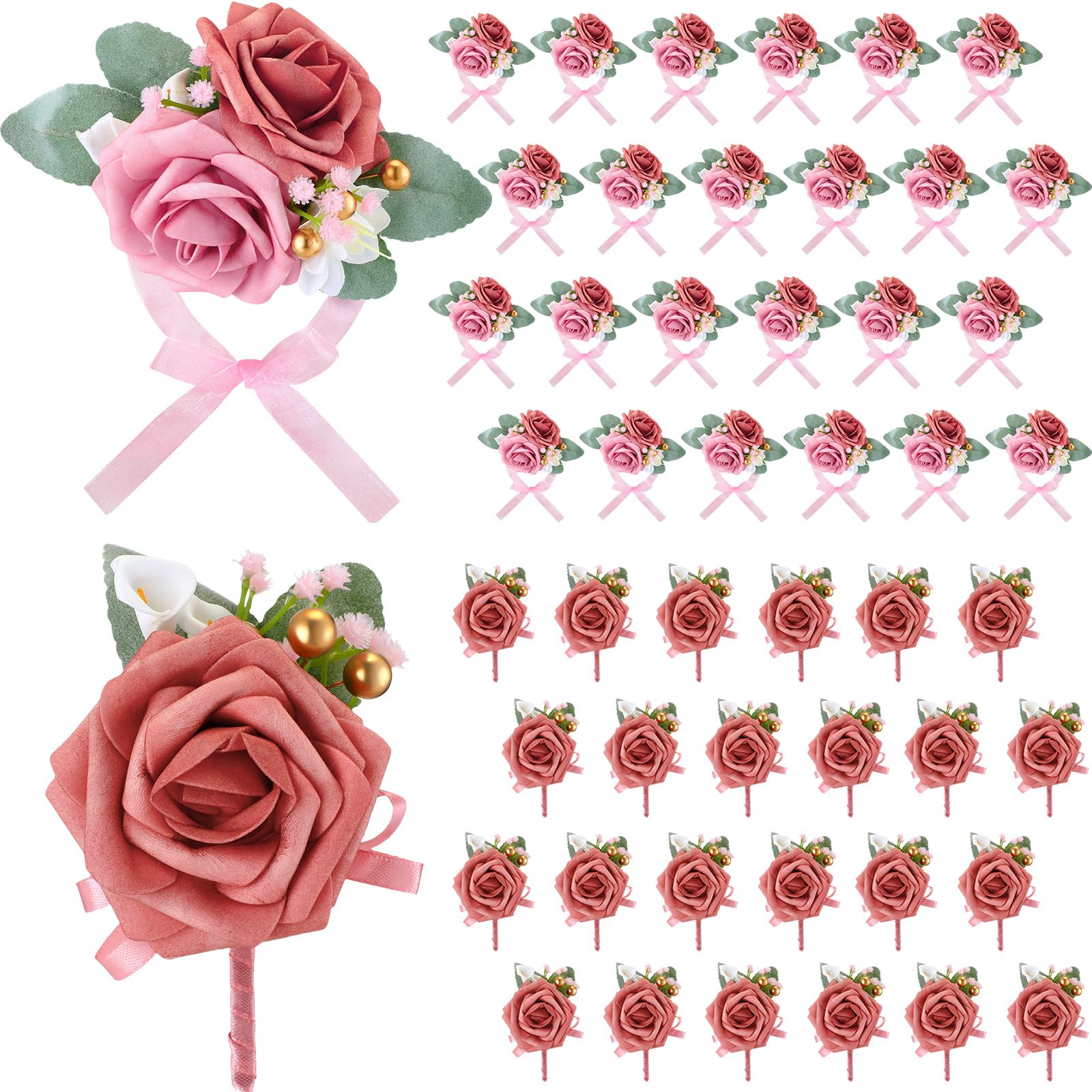 Ceenna Rose Flower Wrist Corsage Boutonniere Set Handmade Floral Wristlet Band Bracelet Bridegroom Men's Boutonniere Wedding Wristlet Hand Flower for Prom Party Bouquets, Dark Pink(Stylish, 48 Pcs)