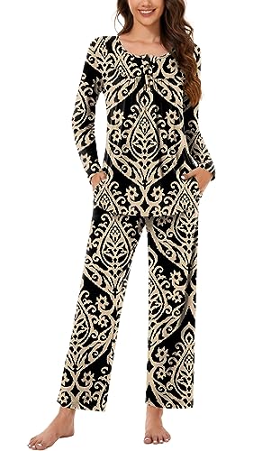 Bestbee Womens Pajama Set, 2 Piece Lounge Outfits Pleated Sleepwear Sets Long Sleeve With Pockets Ladies Pjs, L, Floral Khaki-black