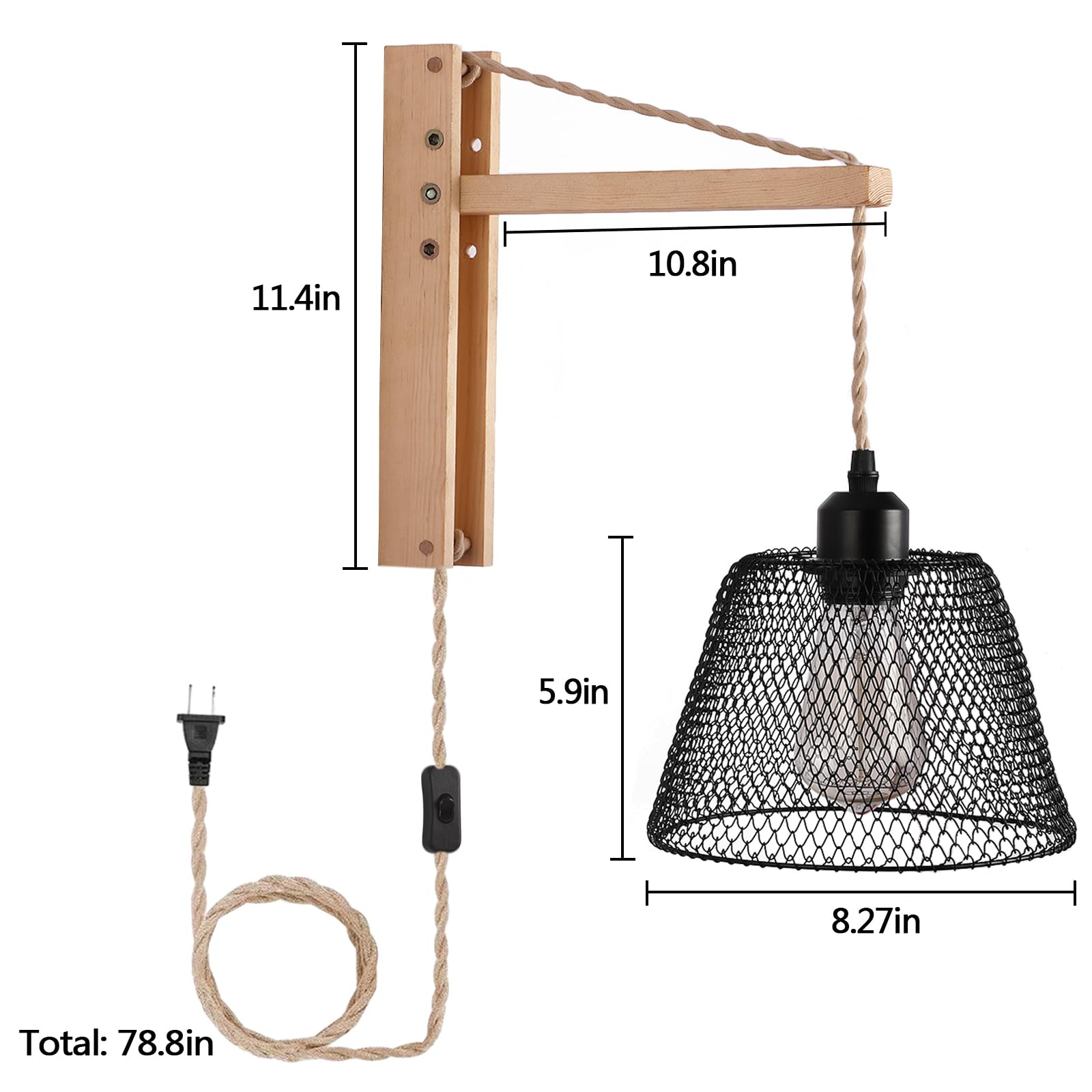 Modxian Farmhouse Plug in Wall Sconces Set of 2 Wood Wall Mounted Light with Plug in Cord Wall Lamp with Wire Cage Shade Rustic Adjustable for Bedroom Living Room Hallway Entrance E26
