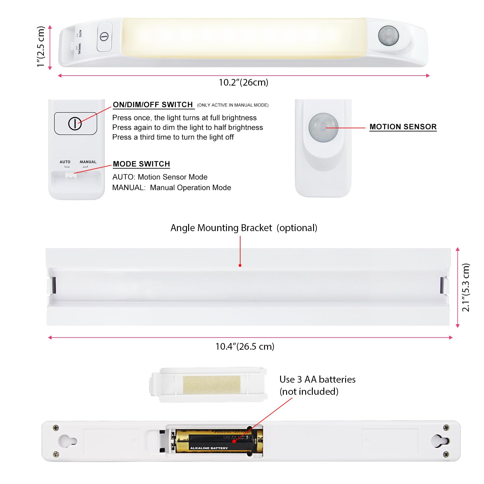 LUXSWAY LED Motion Sensor Light Indoor, Dimmable Under Cabinet Lights, Manual ON/Off, Battery Operated Closet Lighting Bar, Shelf Light, Stick-on Anywhere Night Lighting for Kitchen Wardrobe Pantry