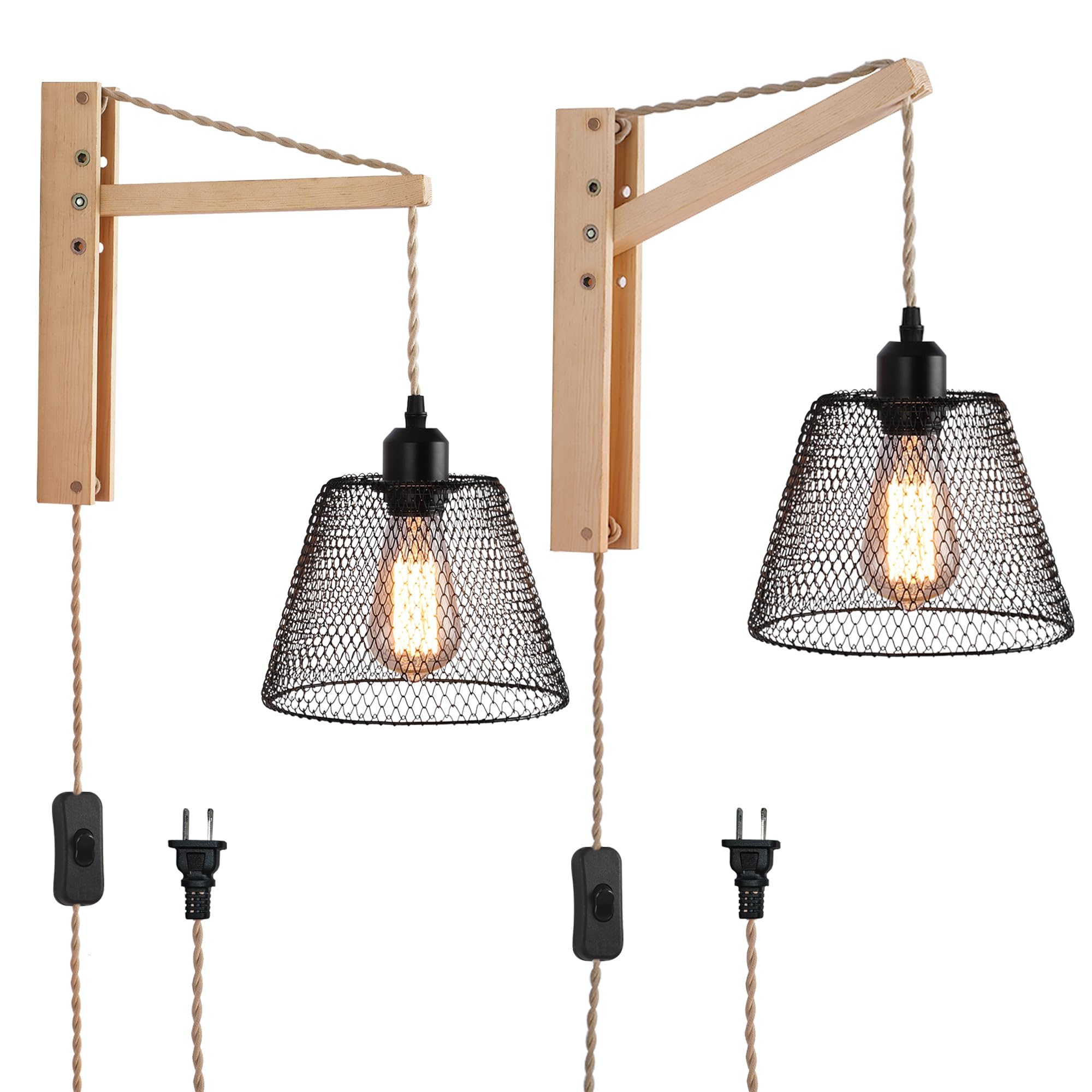 Modxian Farmhouse Plug in Wall Sconces Set of 2 Wood Wall Mounted Light with Plug in Cord Wall Lamp with Wire Cage Shade Rustic Adjustable for Bedroom Living Room Hallway Entrance E26