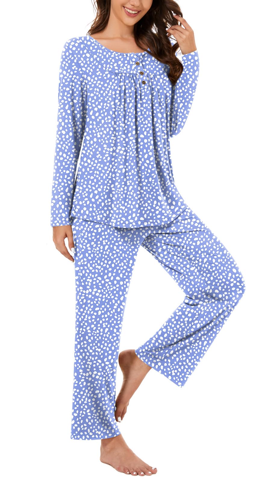 Bestbee Womens Pajama Set Plus Size, 2 Piece Lounge Outfits Pleated Sleepwear Sets Long Sleeve With Pockets Ladies Pjs, 3XL, Spotted Blue