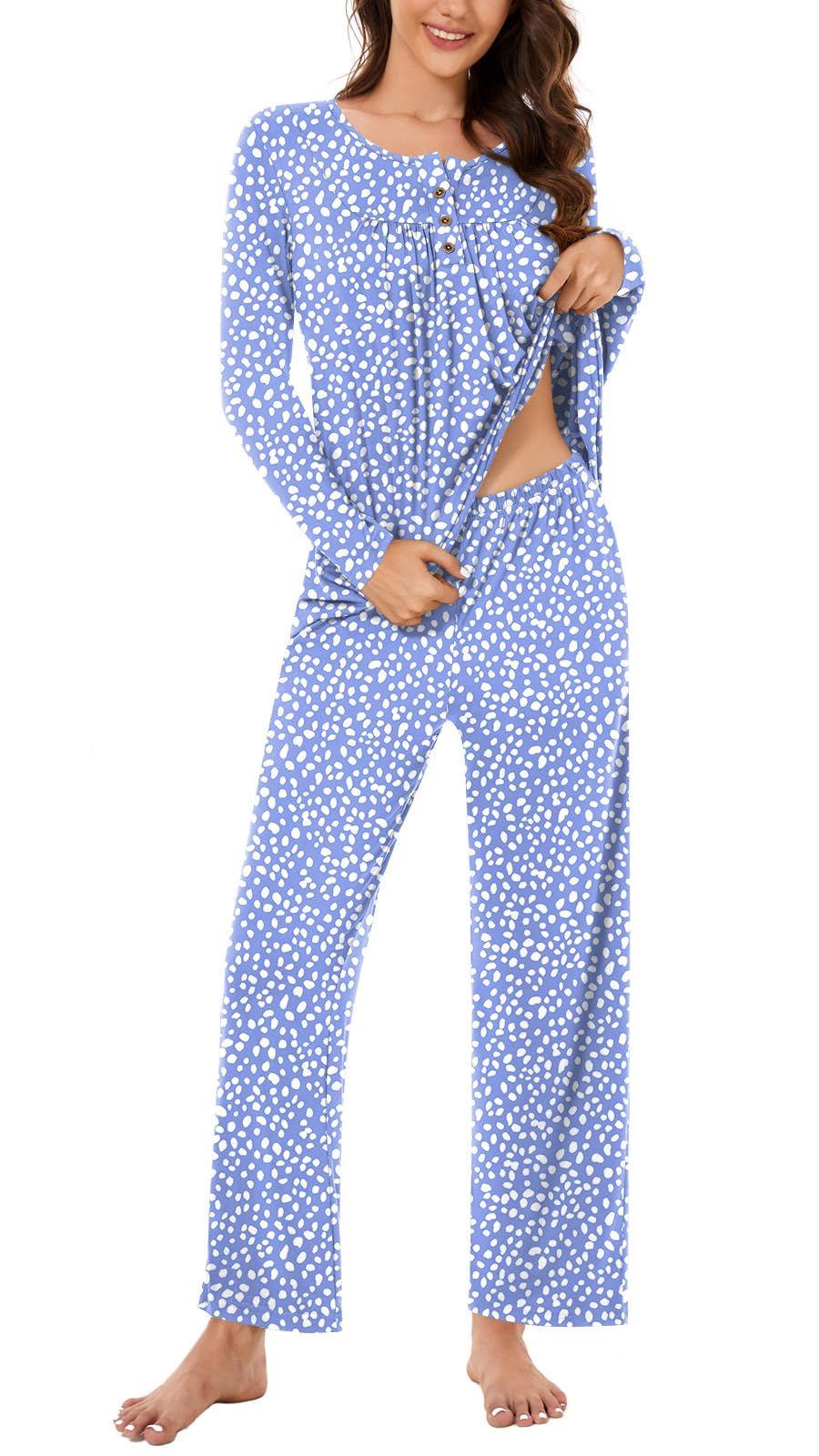 Bestbee Womens Pajama Set Plus Size, 2 Piece Lounge Outfits Pleated Sleepwear Sets Long Sleeve With Pockets Ladies Pjs, 3XL, Spotted Blue