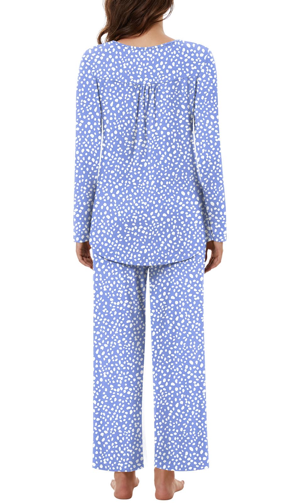 Bestbee Womens Pajama Set Plus Size, 2 Piece Lounge Outfits Pleated Sleepwear Sets Long Sleeve With Pockets Ladies Pjs, 3XL, Spotted Blue