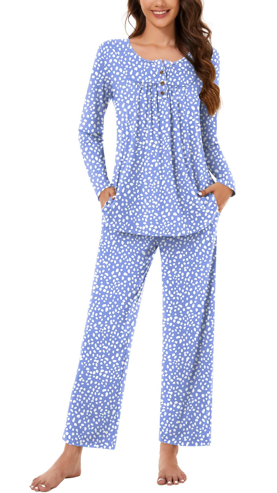 Bestbee Womens Pajama Set Plus Size, 2 Piece Lounge Outfits Pleated Sleepwear Sets Long Sleeve With Pockets Ladies Pjs, 3XL, Spotted Blue