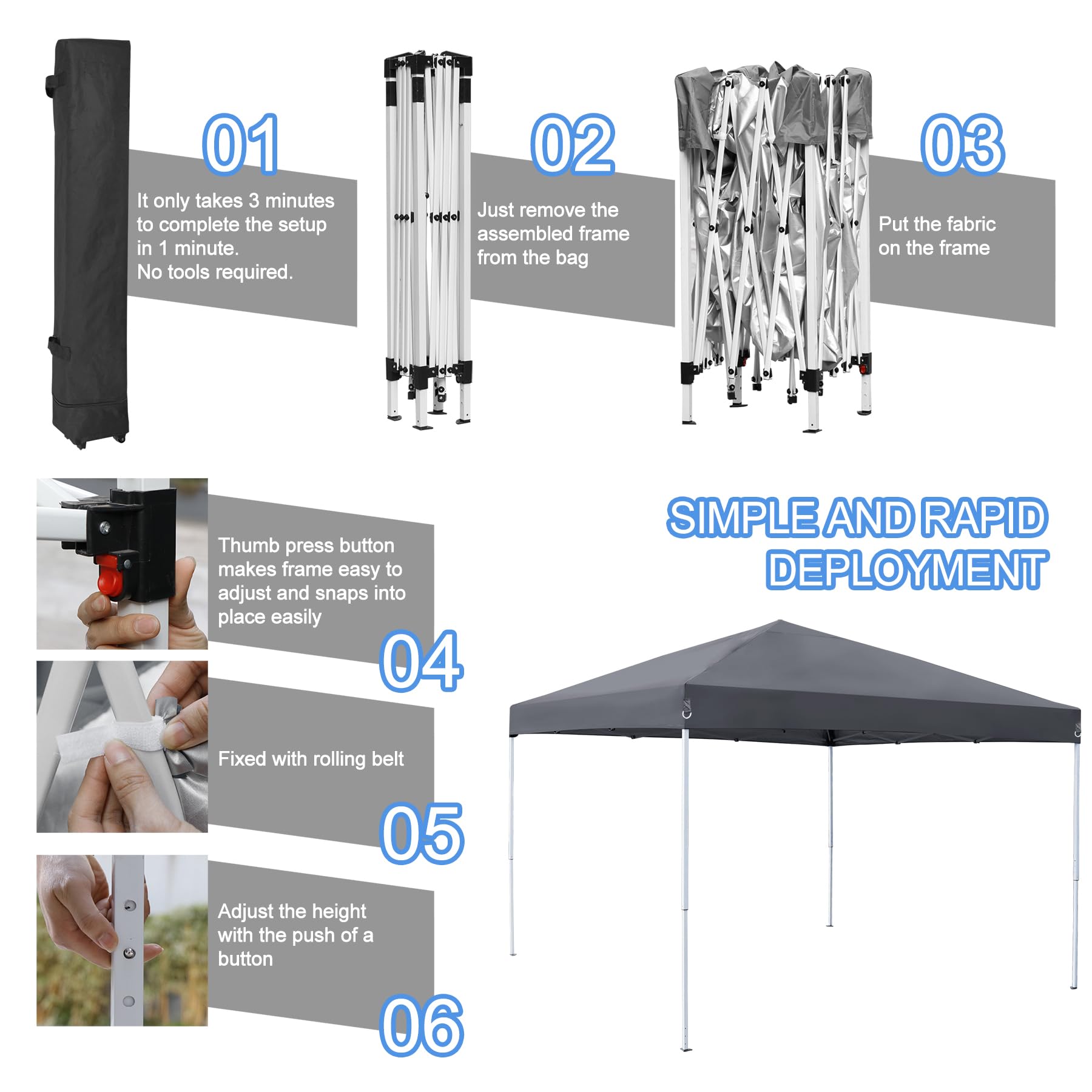 ZENY 10x10 Pop Up Canopy Tent Easy Set-up Outdoor Patio Canopy Adjustable Straight Leg Heights Instant Shelter with Wheeled Bag, Ropes (10x10ft-Grey)
