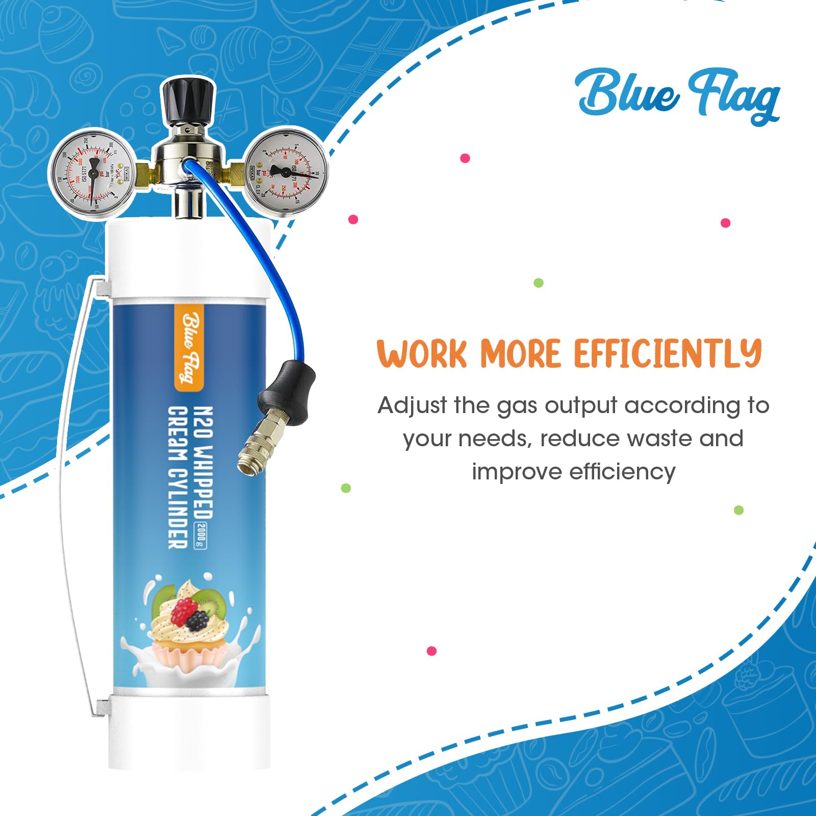 Blue Flag 2000G N2O Whipped Cream Cylinder Charger High Capacity Pure N2O Nitrous Tank Compatible with Cream Whippers