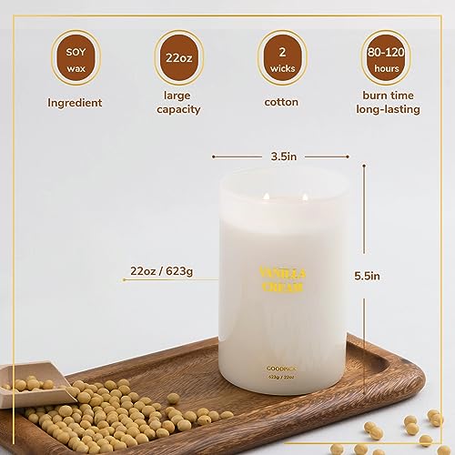 Goodpick Vanilla Scented Candles 22 oz, Luxury Aromatherapy Candles for Home, 2-Wick Soy Candle, Large Jar Candles Gifts for Women, Bath Gift, Christmas, Birthday, 120 Hours Burn Time