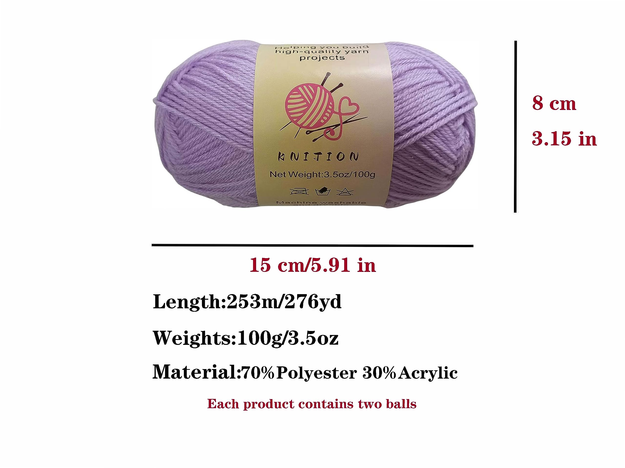 KNITION Crochet Yarn for Crocheting, 70% Polyester 30% Acrylic, Crochet and Knitting Yarn, Great Yarn for Crafts 3.5oz/100g 2-Pack.(A19-light Purple)