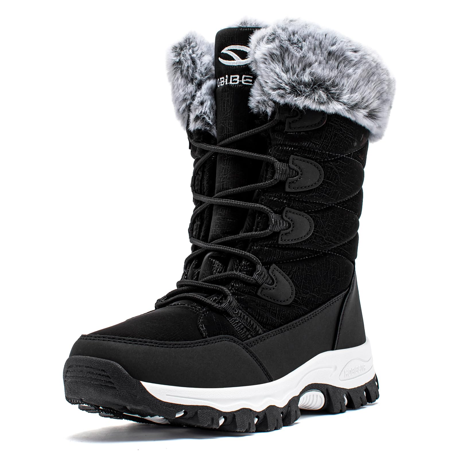 HOBIBEAR Boys Girls Winter Snow Boots Waterproof Insulated Faux Fur Lined Mid-Calf Booties (Black/New,4 Big Kid)