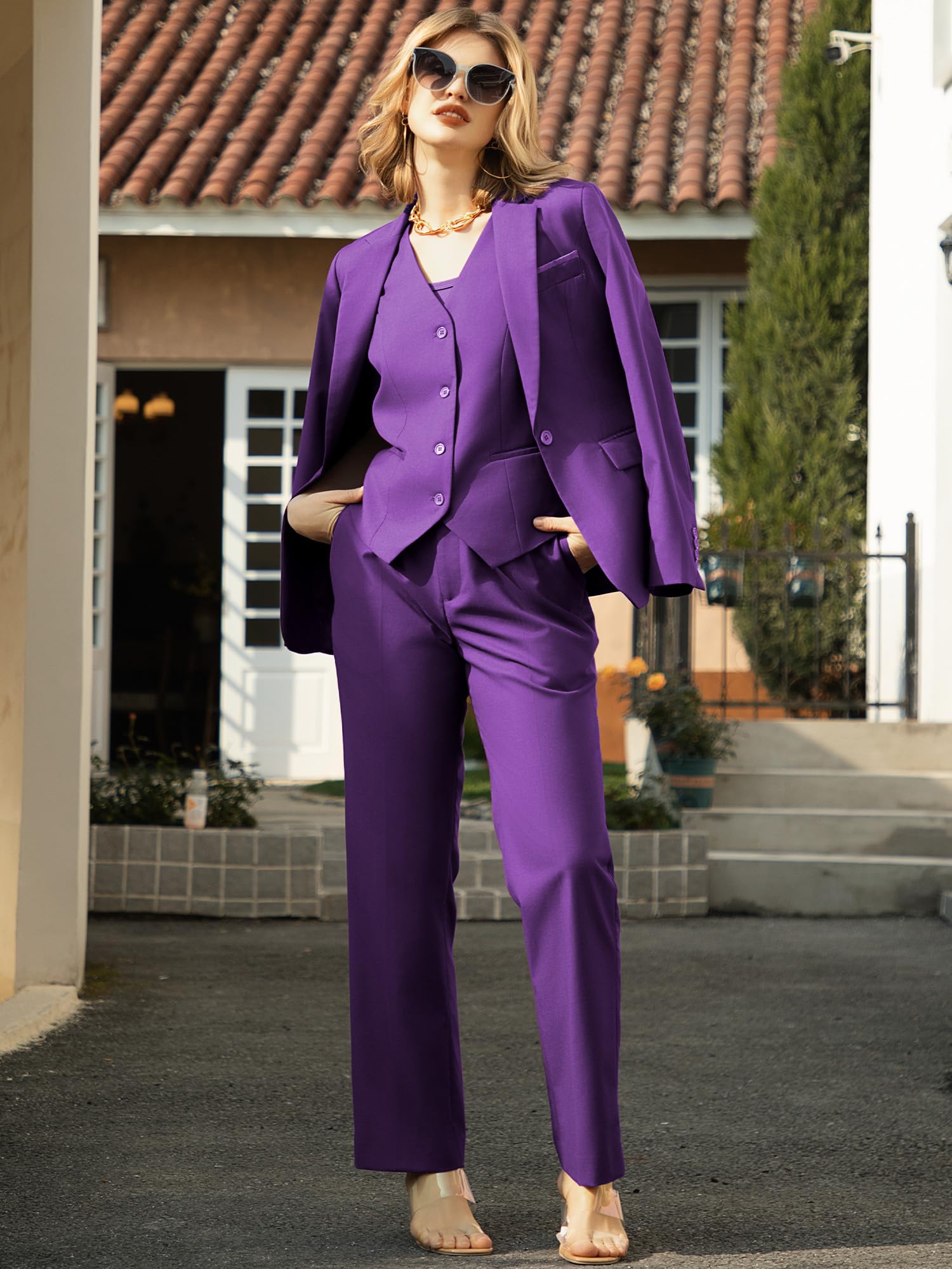 Kelyaa Women's 3 Piece Suit Lady Business Casual Office One Button Notched Lapel Slim Fit Blazer Jacket Vest Pants Set