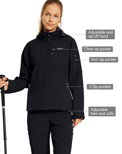 Haimont Women’s Water Resistant Fleece Lined Jackets with Hooded Softshell Windproof Outdoor Skiing Zip Pocket Winter Coat Black XL