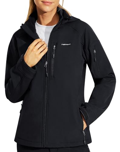 Haimont Women’s Water Resistant Fleece Lined Jackets with Hooded Softshell Windproof Outdoor Skiing Zip Pocket Winter Coat Black XL