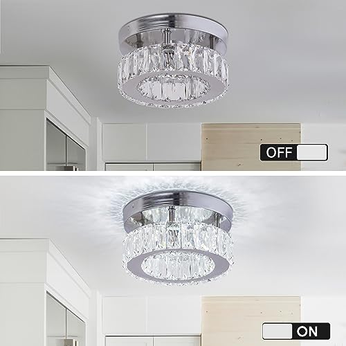 Finktonglan Modern Crystal Ceiling Light LED Mini Chandelier Flush Mount Ceiling Light Fixtures K9 Crystal Round Ceiling Lamp for Hallway Foyer Bedroom