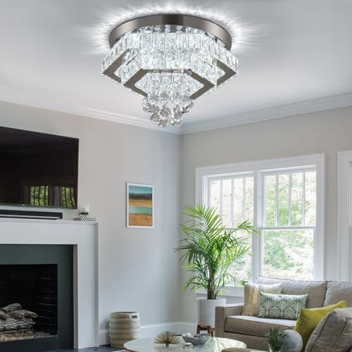 Finktonglan Modern Crystal LED Ceiling Light 2 Layers Flush Mount Fixture Chandeliers Stainless Steel Lamp for Living Room Dining Room Bedroom Hallway