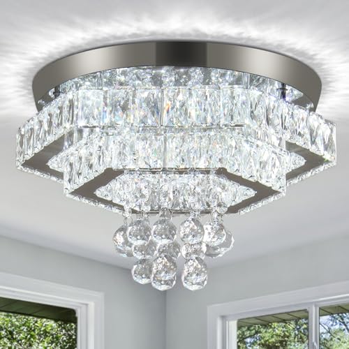 Finktonglan Modern Crystal LED Ceiling Light 2 Layers Flush Mount Fixture Chandeliers Stainless Steel Lamp for Living Room Dining Room Bedroom Hallway