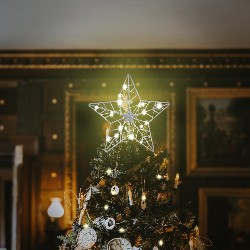 YEAHOME Christmas Tree Topper, Lighted Hollow 5-Point Star Tree Topper, Wire Star for Christmas Treetop with 20 LED Lights Xmas Tree Topper for Christmas Tree Ornament Decoration, Silver Glittered